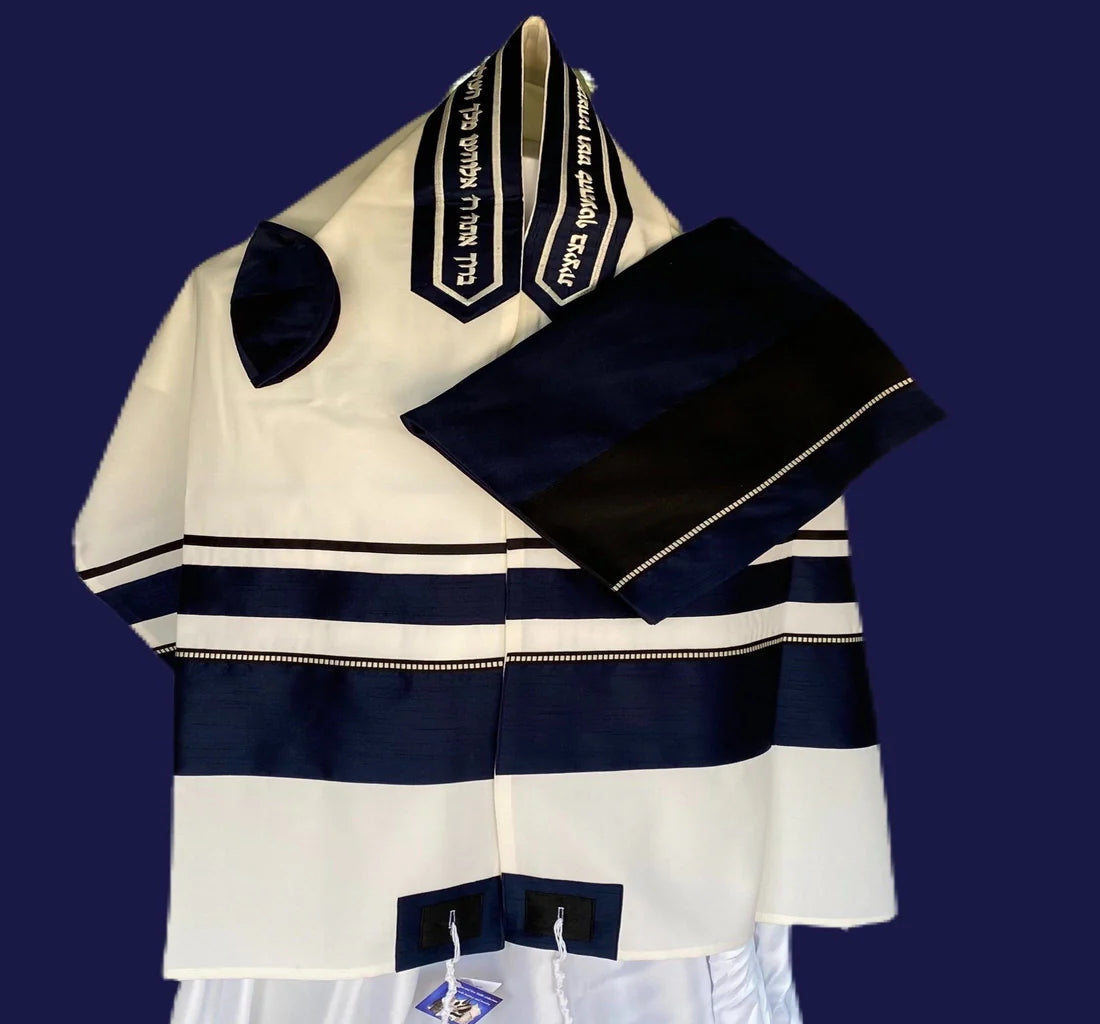 Elegant Cotton Tallit With Ribbons of Navy and Black — Mitzvahland.com