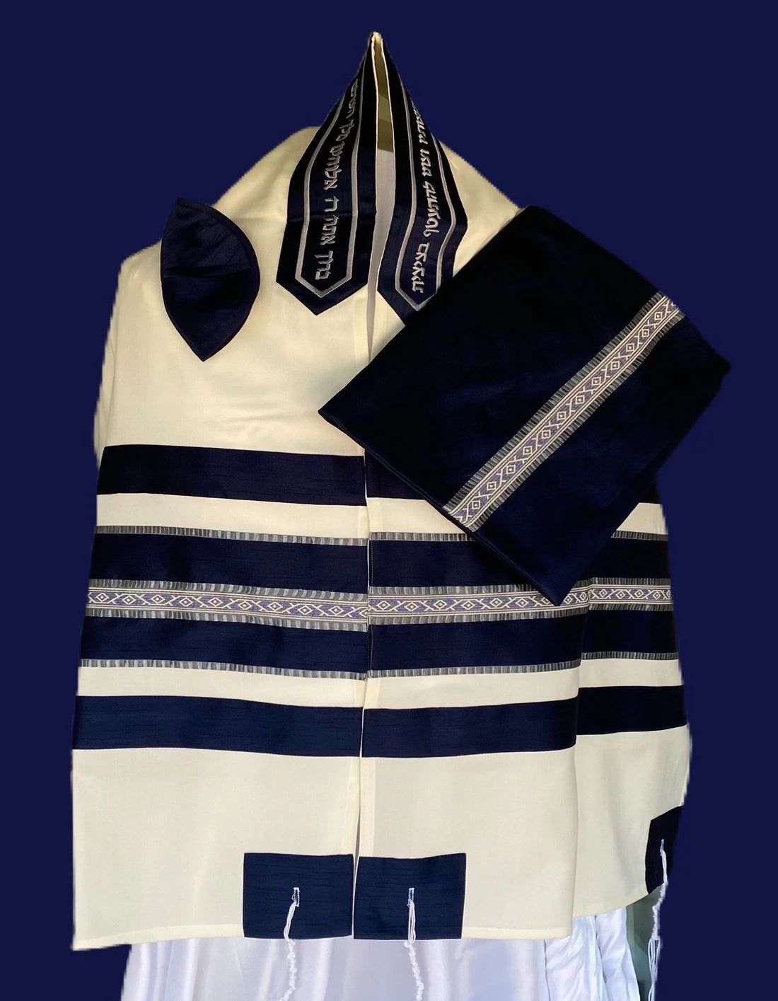 Elegant Cotton Tallit With Diamond Ribbon Design — Mitzvahland.com