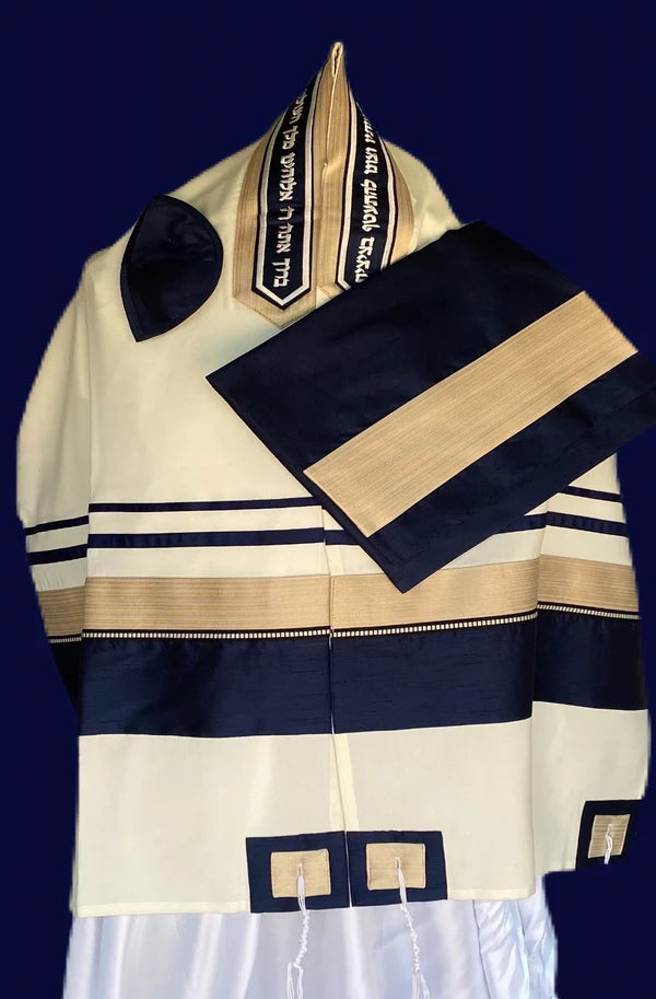 Elegant Cotton Tallit With Gold and Navy Ribbons — Mitzvahland.com
