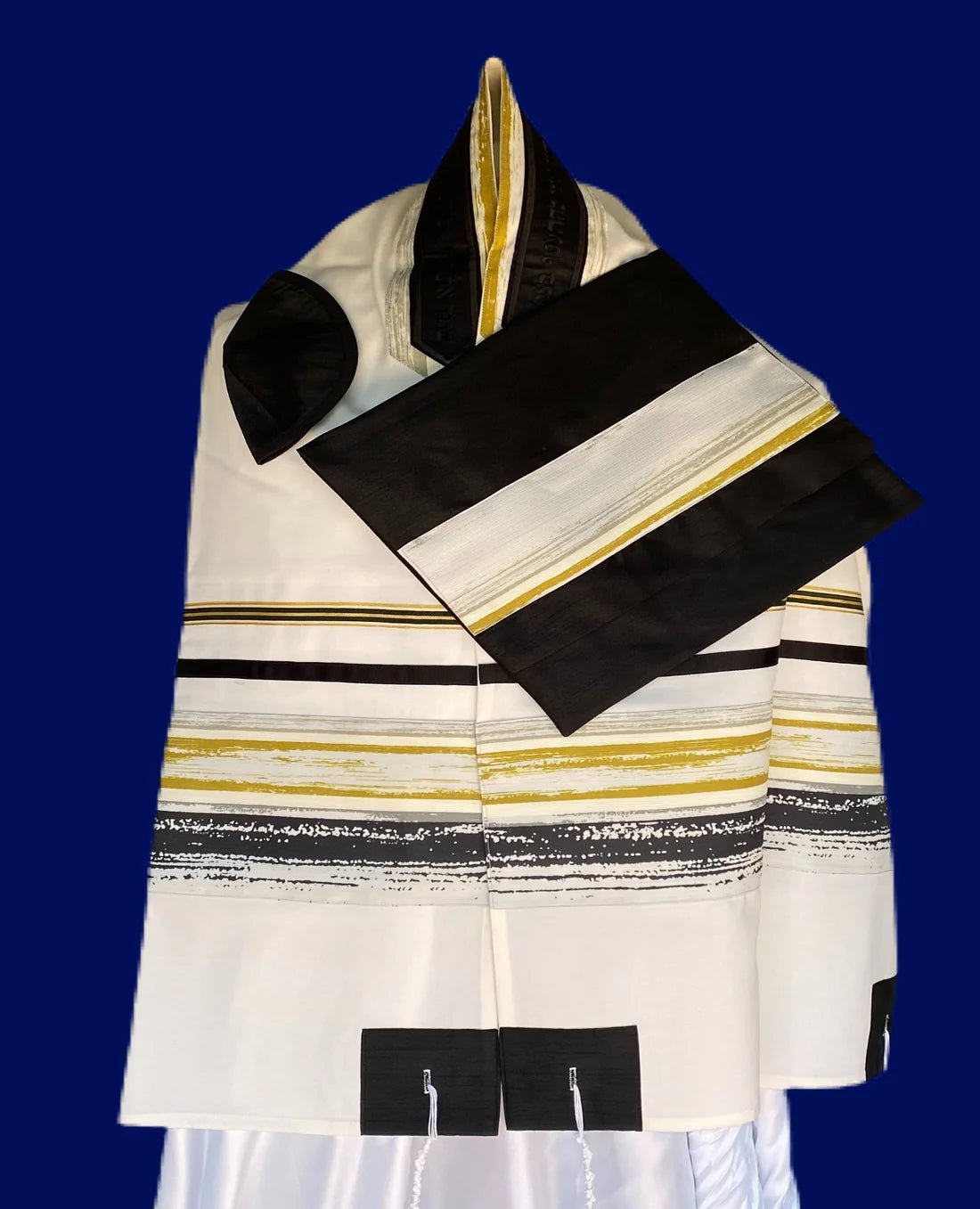 Elegant Cotton Tallit With Stripes of Mustard and Black — Mitzvahland.com