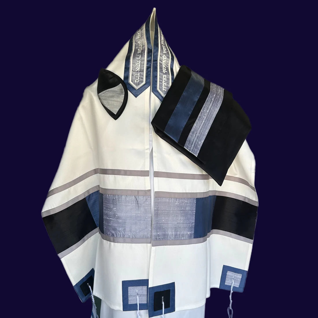 Elegant Cotton Tallit With Dark Blue, Silver, and Black Design ...