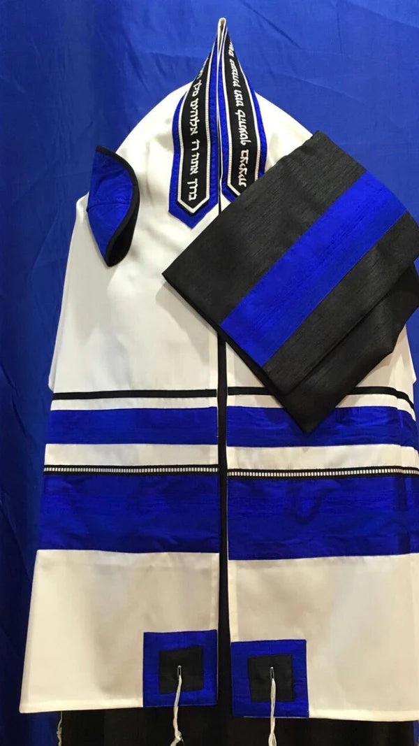 Elegant Cotton Tallit With Black and Electric Blue Design — Mitzvahland.com