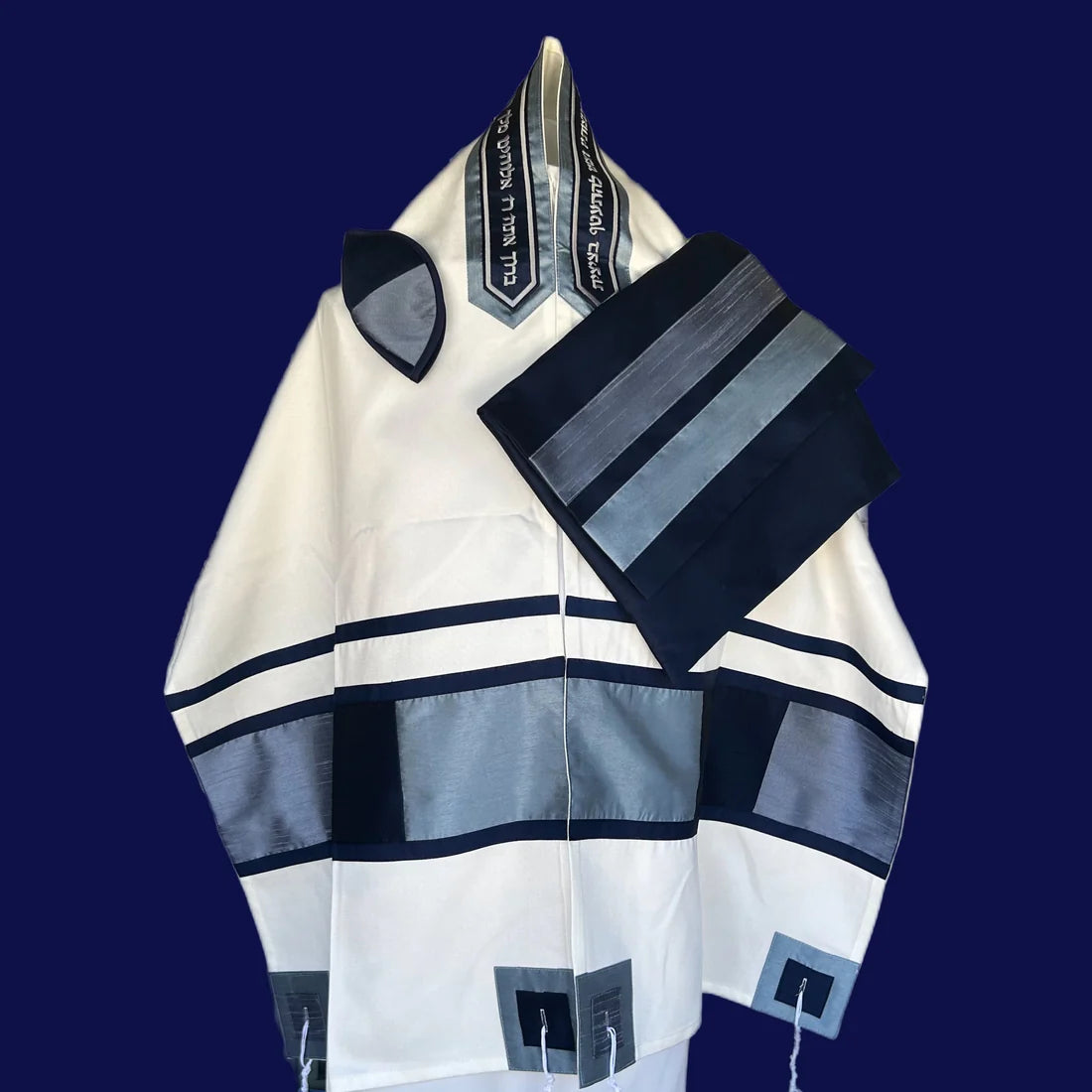 Elegant Cotton Tallit With Dark Grey and Grey Blue Design — Mitzvahland.com